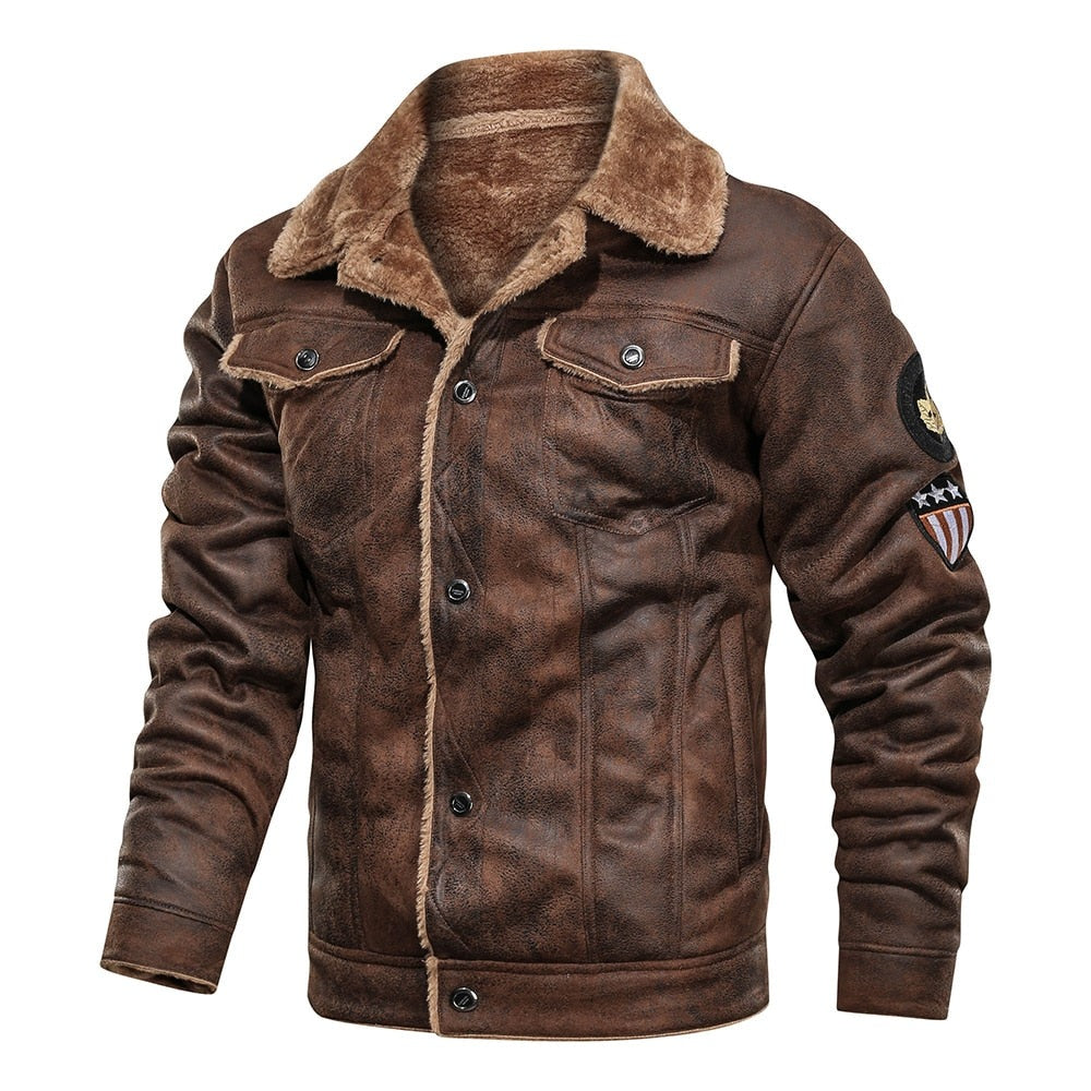Men's Thick Warm Fleece Leather Jacket Military Biker Leather Jacket ...