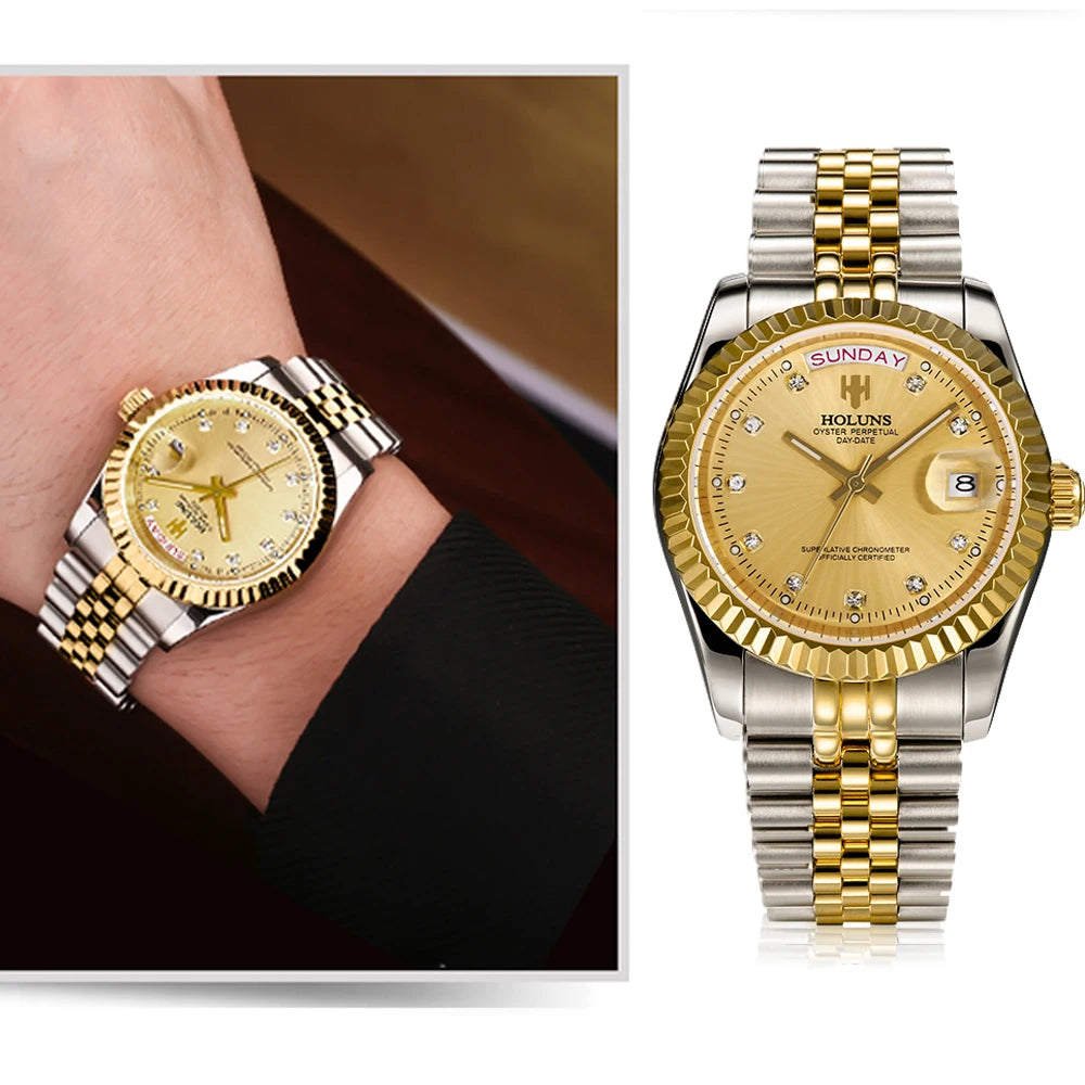 Luxury Gold Stainless Steel Men's Watch – Diamond Accent Design – Atom ...