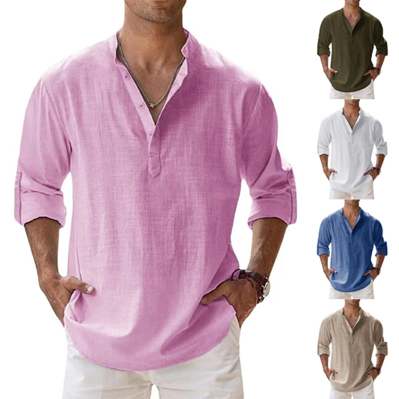 Men's Long Sleeve Shirts Breathable Solid Color Cotton Linen Shirt ...