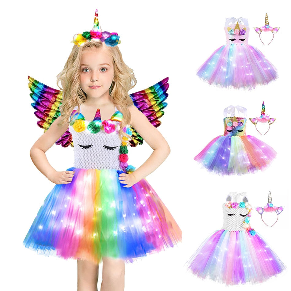 Girls Shiny Unicorn Angel Dress Kids Glowing Party Princess Dresses ...
