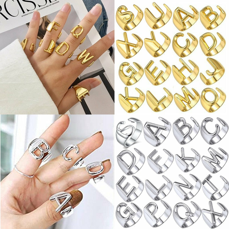 Chunky Wide Hollow A-Z Letter Ring Adjustable Initial Alphabet Ring ...