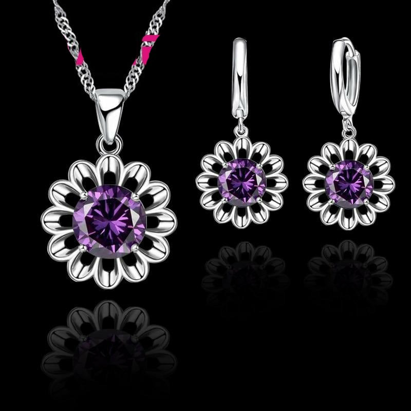 Sterling Silver Wedding Jewelry Crystal Pendant Necklace Earrings Set ...